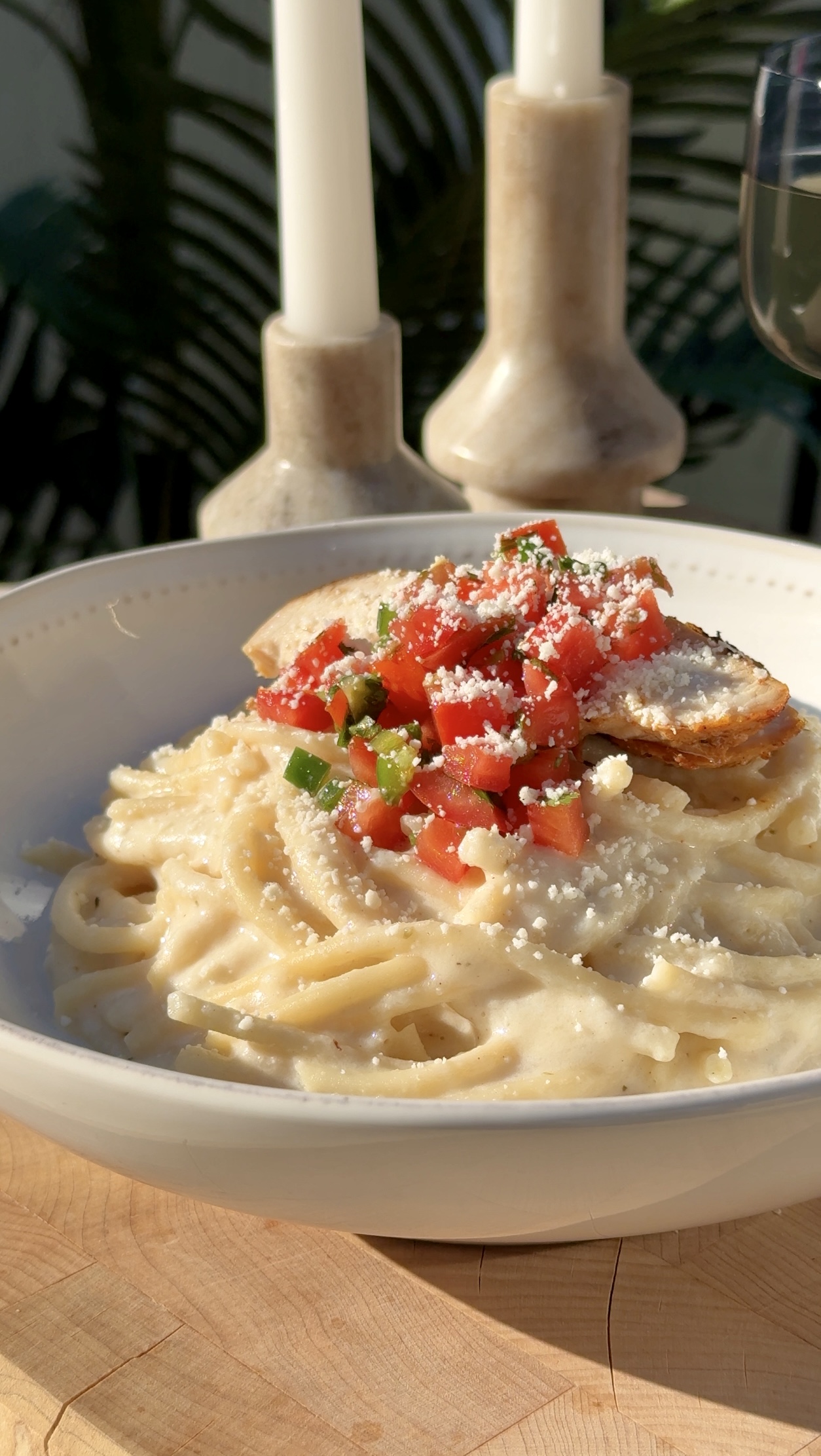 Spaghetti Blanco with Pollo Asado & Pico de Gallo - thisisavocado_